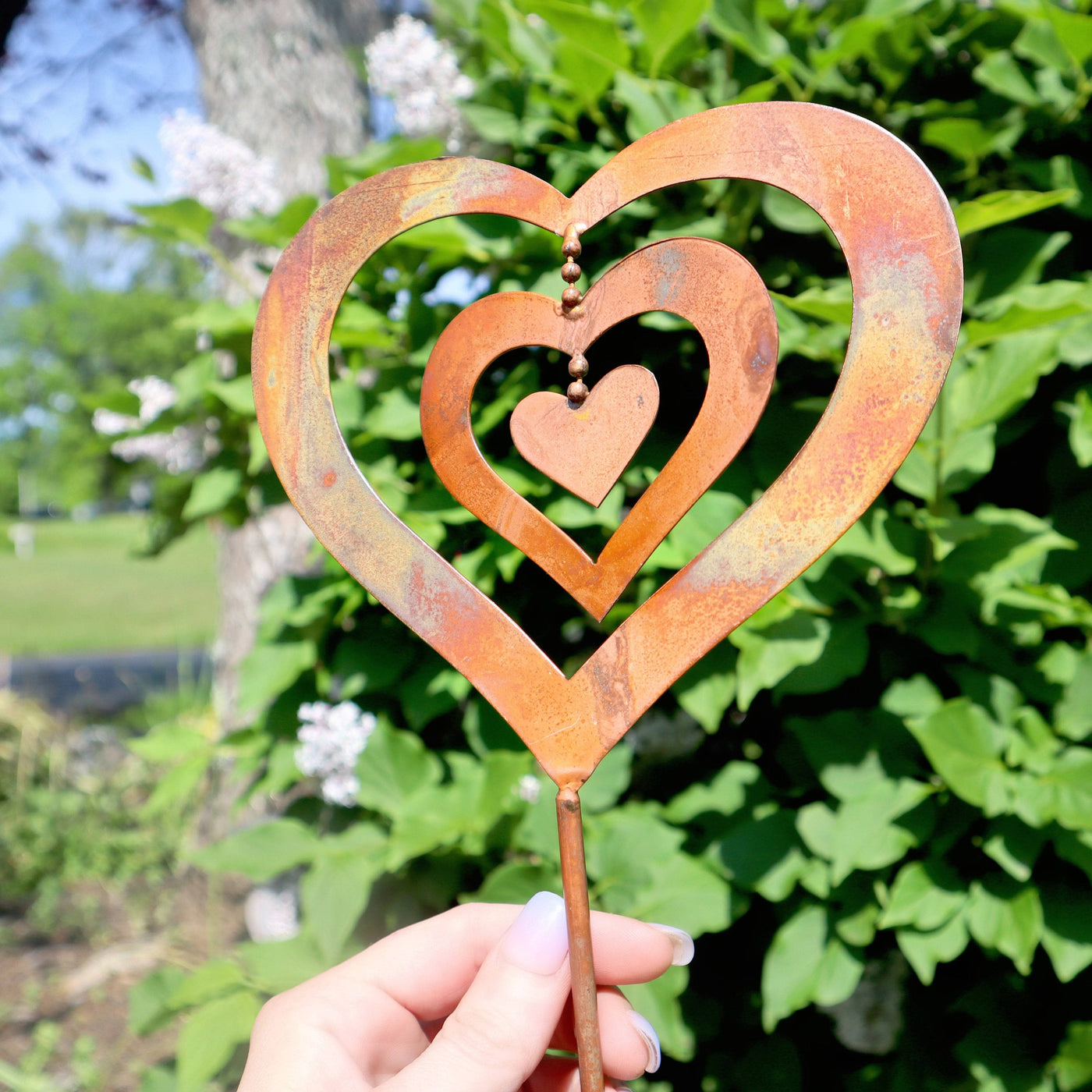 Happy Gardens - 6.5" Flamed Triple Spinning Heart Garden Stake